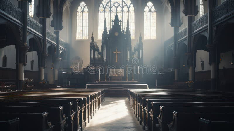 Inside an Old Catholic Church Created with Generative AI. Sunrays ...