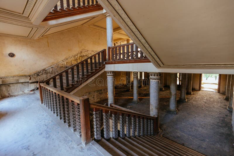Inside of Old Creepy Abandoned Mansion. Staircase and Colonnade Stock ...