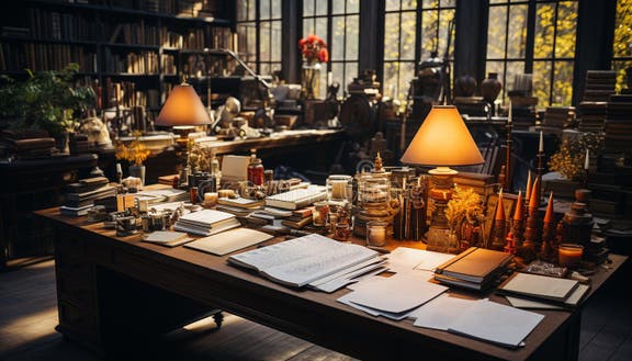 Inside the Old Fashioned Library, a Candle Illuminated the Bookshelf ...