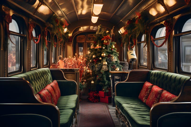 Inside Old Train Carrage, Christmas Decorations.GenerativeAI. Stock ...