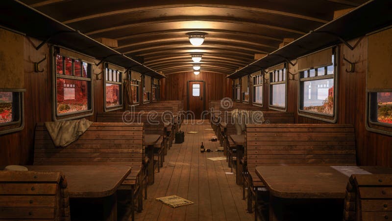 Inside an Old Wild West Railway Train Passenger Carriage. 3D Rendering ...
