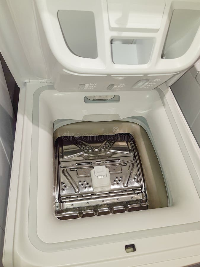 Inside Open White Washing Machine in Home Laundry Stock Image - Image ...
