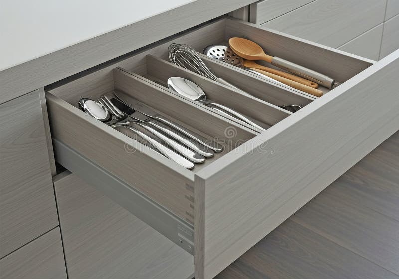 Inside of Opened Kitchen Drawer with Various Utensils and Cutlery Set ...