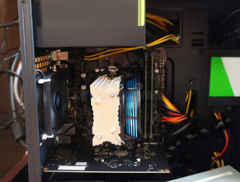 Inside of the Personal Computer Case. Fan, Cooler, Motherboard ...