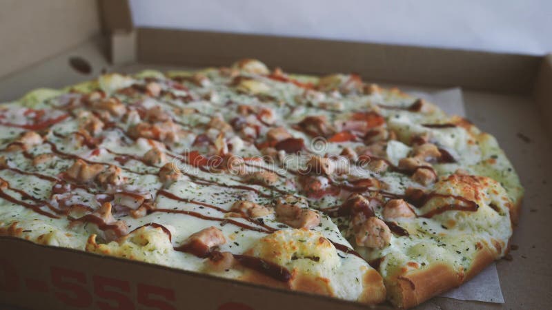 Inside of a Pizza Box. Classic Pizza in a Cardboard Box. Wide Angle ...