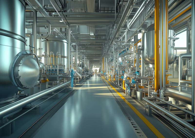 The Inside of the Plant. the Footage Includes Process Lines, Huge Tanks ...