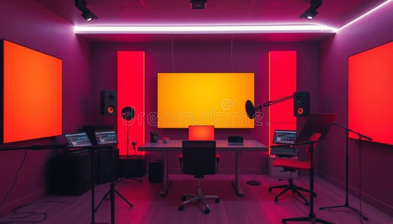 Inside Podcast Studio with Professional Equipment and Neon Lighting ...