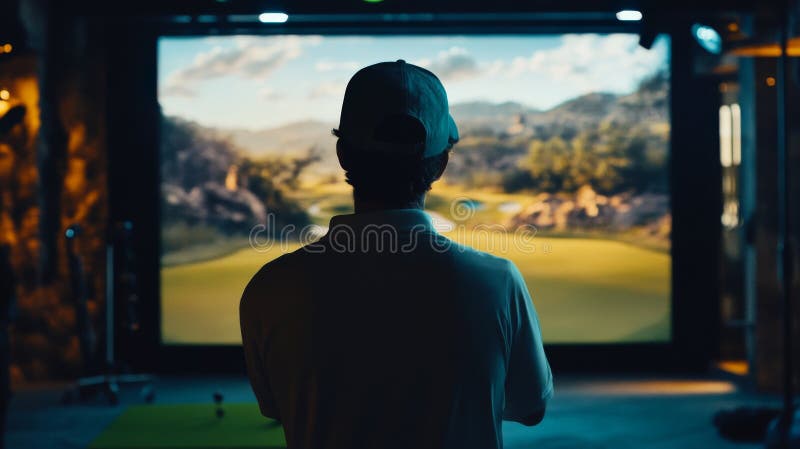 Inside, a Professional Male Golfer Uses a Golf Simulator Equipped with ...
