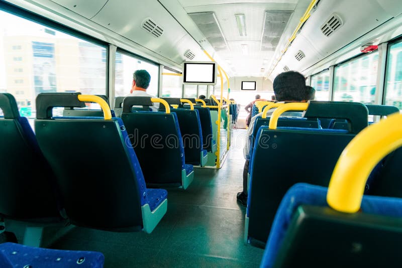 Inside of a public bus stock image. Image of handrail - 156680697