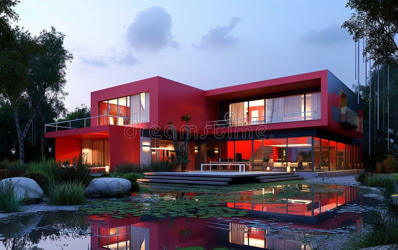 Inside the Red 2-Floor Modern House -Generative Ai Stock Image - Image ...