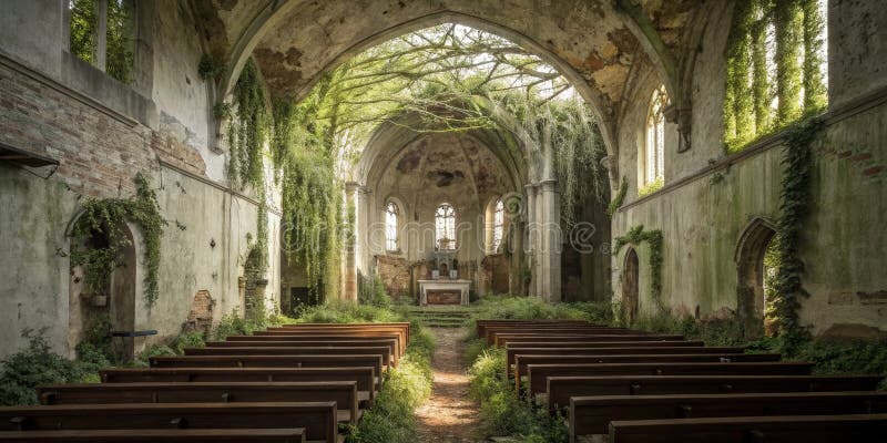 Abandoned Chapel Ruins Overrun by Nature in Soft, Diffused Light ...