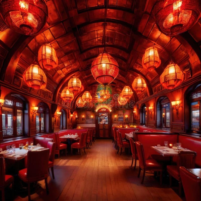 Inside Restaurant Interior, Bright Long Exposure, Glowing Lights Stock ...