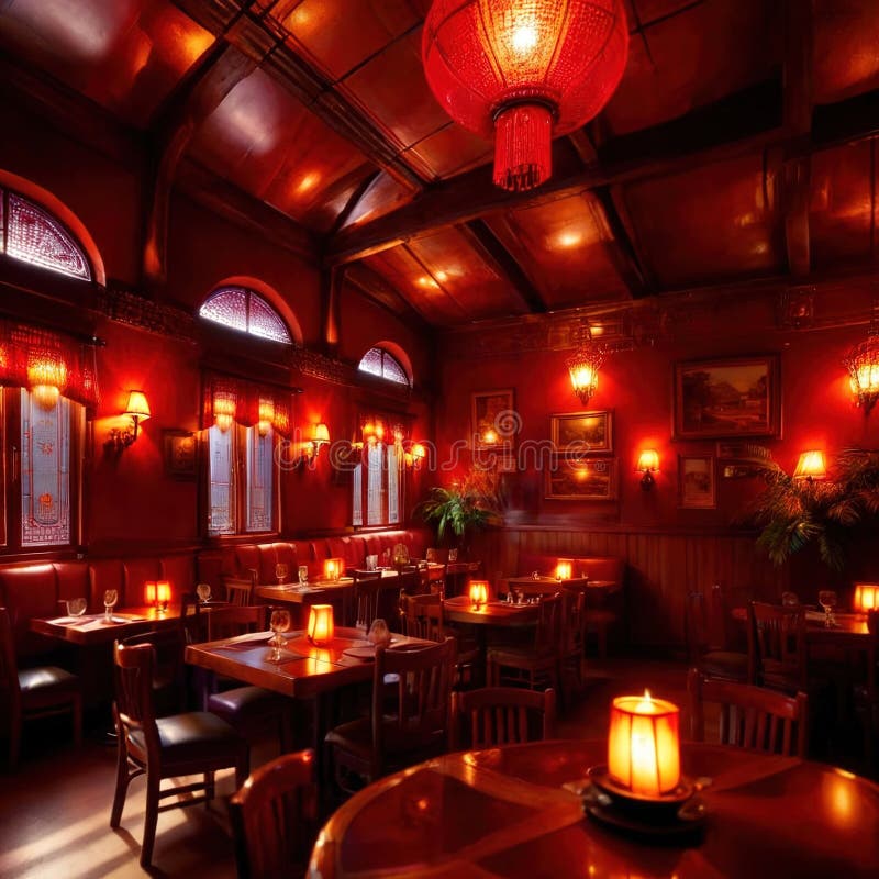 Inside Restaurant Interior, Bright Long Exposure, Glowing Lights Stock ...