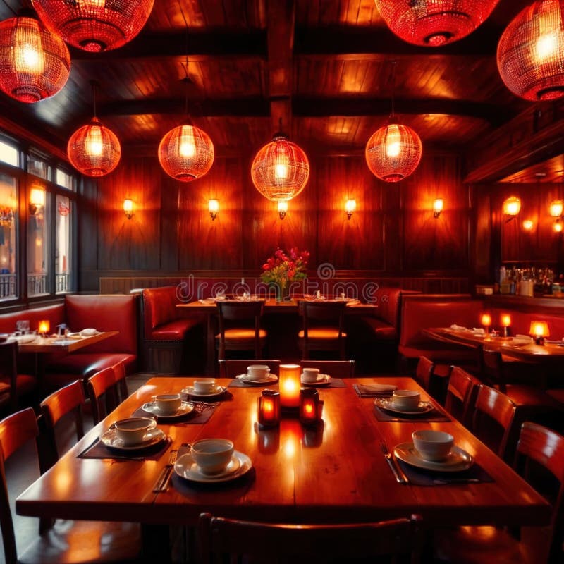 Inside Restaurant Interior, Bright Long Exposure, Glowing Lights Stock ...