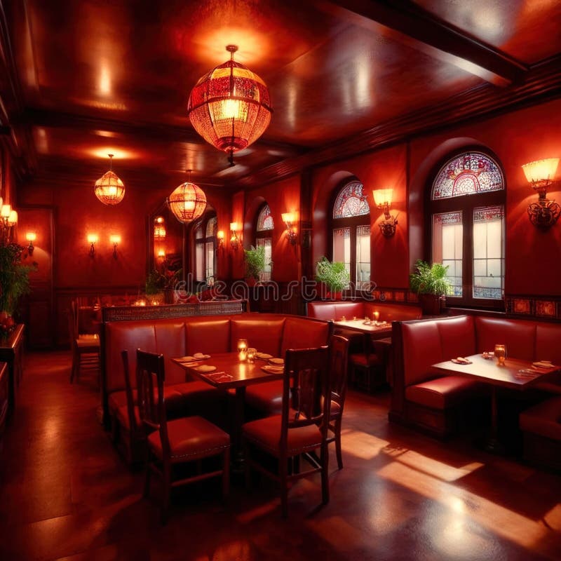 Inside Restaurant Interior, Bright Long Exposure, Glowing Lights Stock ...