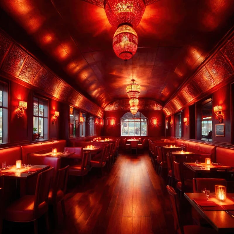 Inside Restaurant Interior, Bright Long Exposure, Glowing Lights Stock ...