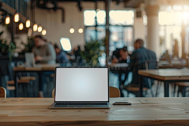 Inside a Restaurant, a Laptop Computer is Placed on a Wooden Table ...