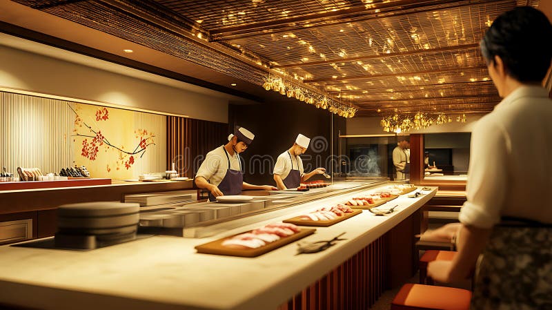 Inside a Restaurant, Two Chefs Preparing Food at a Counter, Viewed by a ...