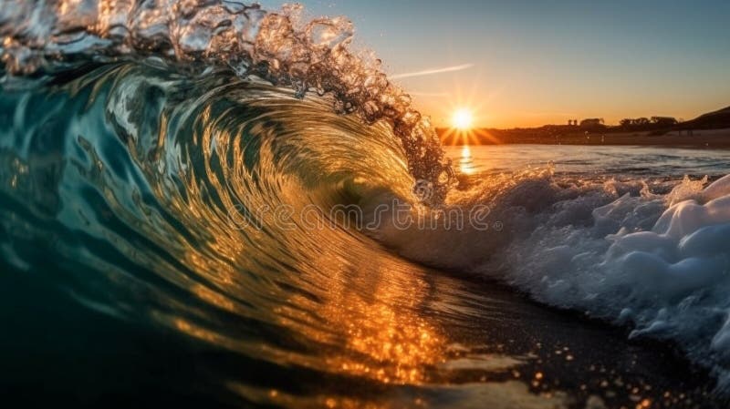 Inside a Rolling Wave in the Ocean As it Breaks at Sunrise or Sunset ...