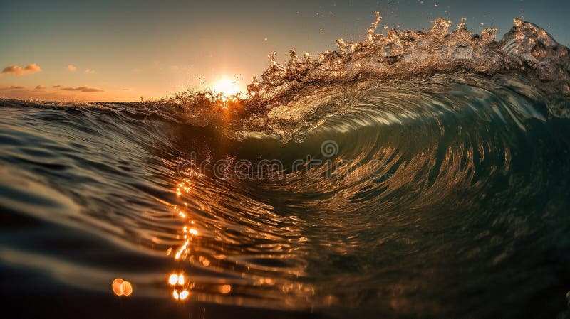 Inside a Rolling Wave in the Ocean As it Breaks at Sunrise or Sunset ...