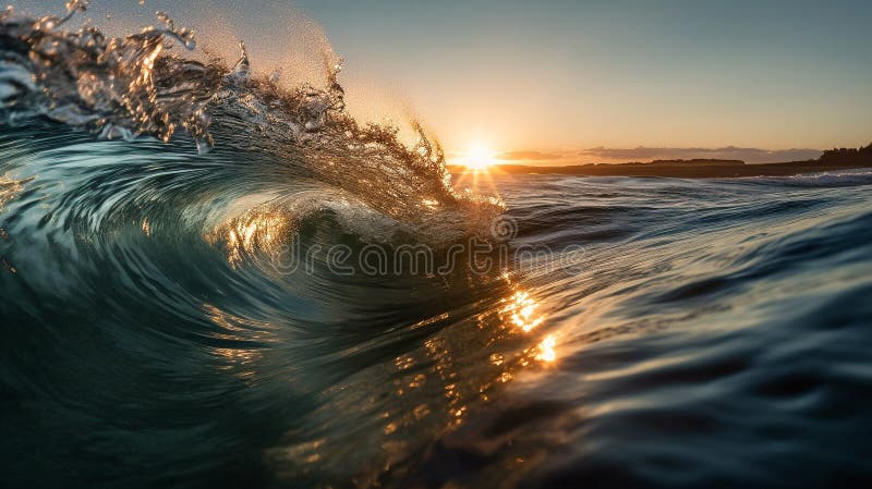 Inside a Rolling Wave in the Ocean As it Breaks at Sunrise or Sunset ...