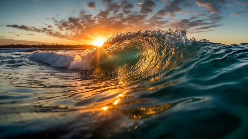 Inside a Rolling Wave in the Ocean As it Breaks at Sunrise or Sunset ...