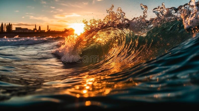 Inside a Rolling Wave in the Ocean As it Breaks at Sunrise or Sunset ...