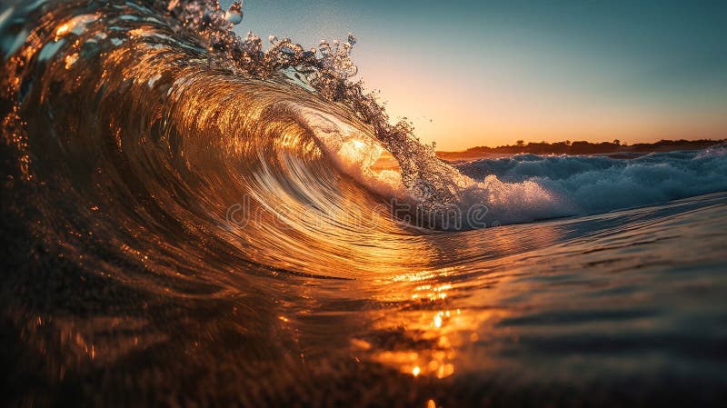 Inside a Rolling Wave in the Ocean As it Breaks at Sunrise or Sunset ...