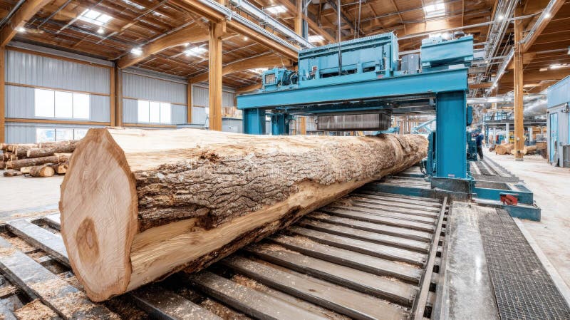 Inside a Sawmill, a Large Log is Being Prepared for Processing with Heavy Machinery. Stock Image ...