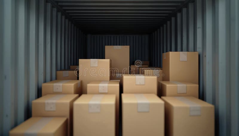 Inside Shipping Container Filled with Arranged Cardboard Boxes. Boxes ...
