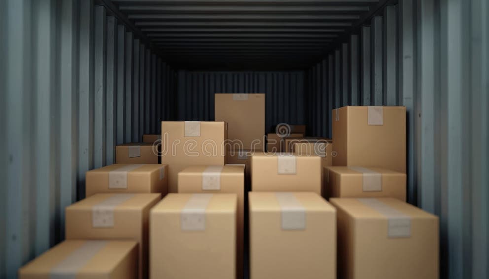 Inside Shipping Container Filled with Arranged Cardboard Boxes. Boxes ...