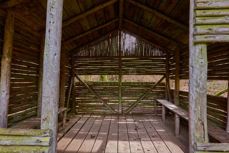 Inside Shot of an Old Wooden Pavilion with Benches Stock Photo - Image ...