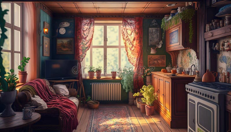 Inside a Small Bohemian House with a Couch and Large Windows ...