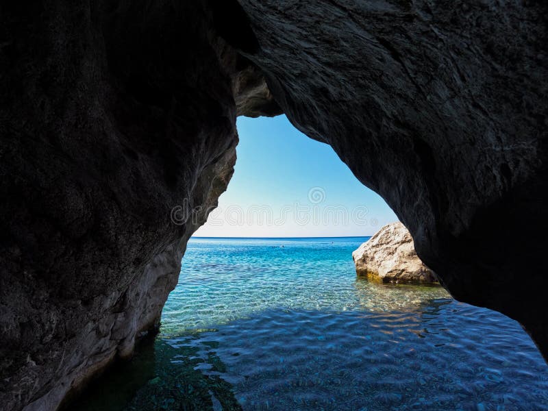 Inside a Cave on Traganou Beach Stock Image - Image of arch, blue ...