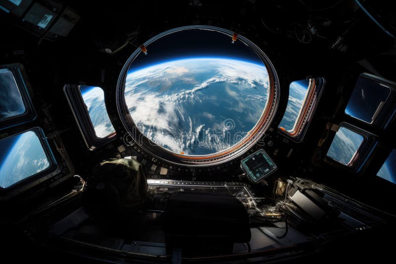 Inside the Space Station, with View of Earth Below Stock Illustration ...