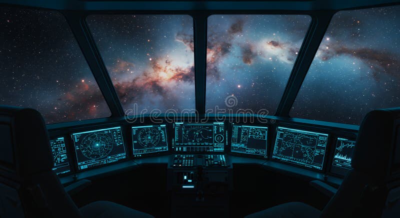 Inside a Spaceship Cockpit Navigating through Starry Galaxy and Nebula ...