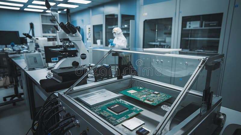 Electronics Lab Interior Featuring Computer Components and a Researcher ...