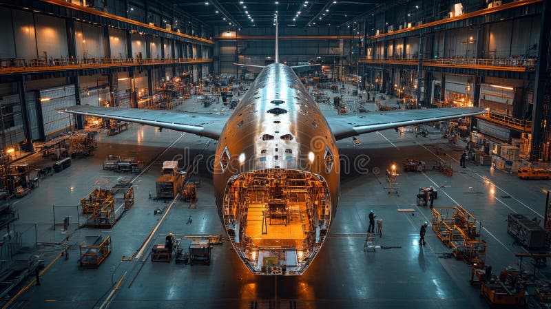 Large Aircraft Assembly Process in a Modern Hangar with Engineers ...