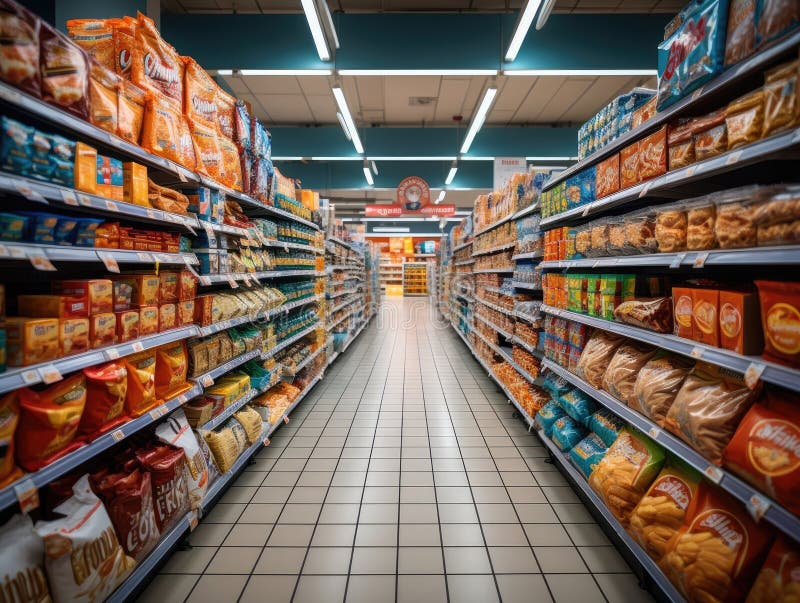 An Inside of a Supermarket with a Snack Display Rack, a Long Corridor ...
