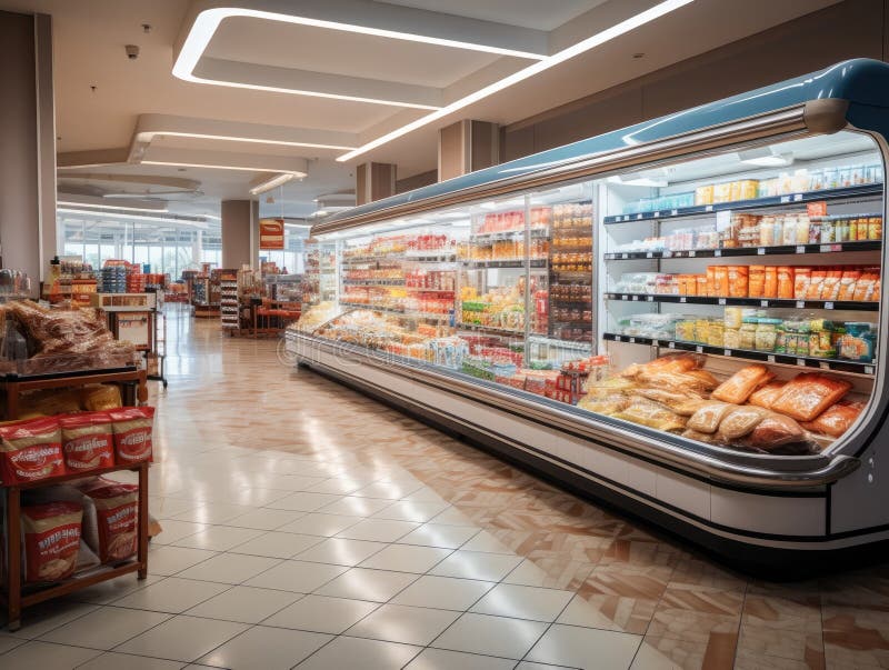 An Inside of a Supermarket with Shelves and Display Cabinet Glass ...
