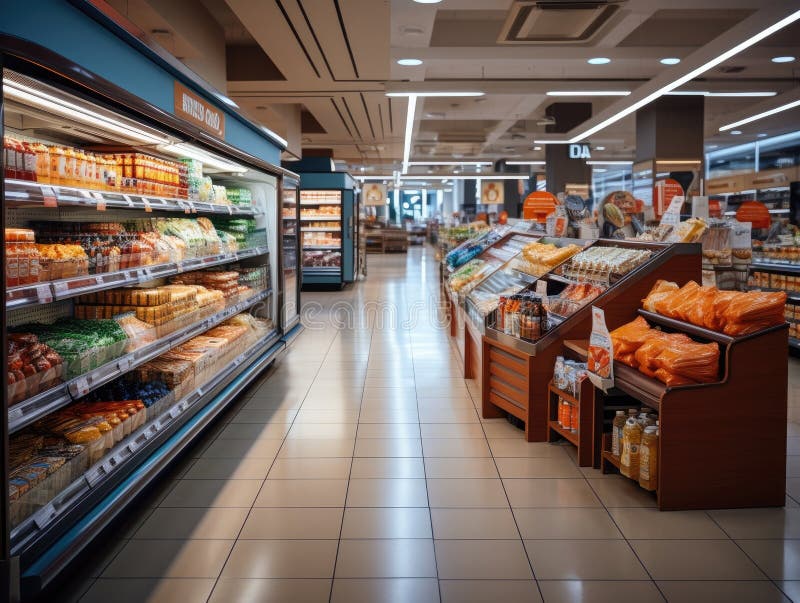 An Inside of a Supermarket with a Snack Display Rack, a Long Corridor ...