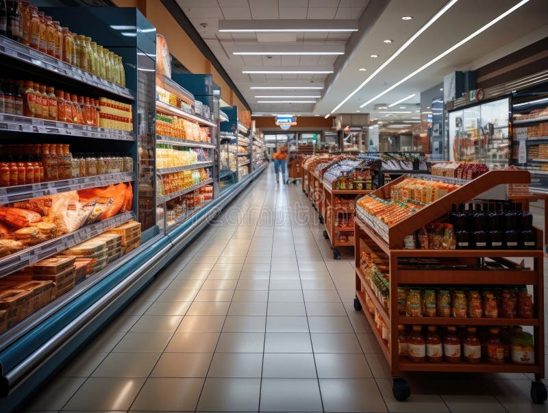An Inside of a Supermarket with a Snack Display Rack, a Long Corridor ...