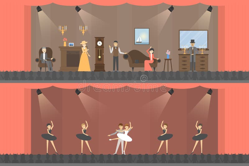 Actors On Theater Stage Vector Illustration, Cartoon Character Play Act ...