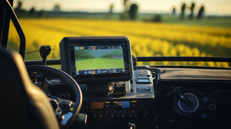 Inside Tractor Cabin with Digital GPS Display in Rural Landscape ...