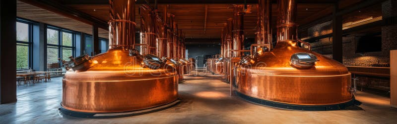 Inside a Traditional Brewery, Large Copper Brewing Tanks Create a ...