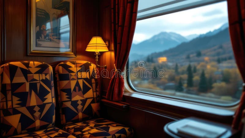 Scenic View from a Cozy Train Cabin with Patterned Seating and ...