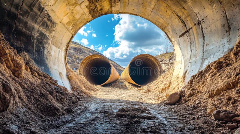 View from Inside a Concrete Pipe Under Construction Showing Large Water ...