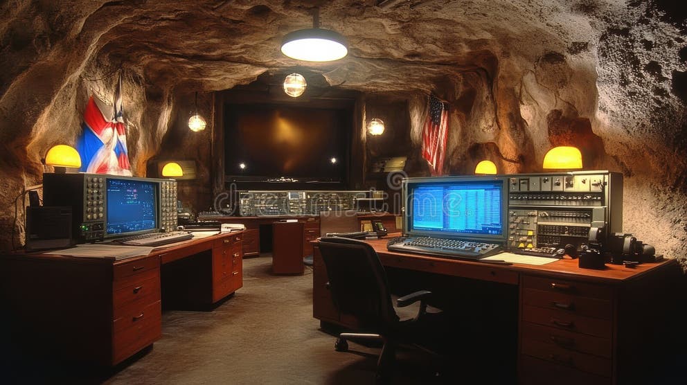 Underground Nuclear Bunker Control Room with Flags and Computers Stock ...