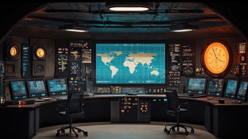 Underground Nuclear Bunker Control Room Monitoring Global Map Stock ...