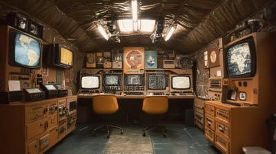 Underground Nuclear Bunker Control Room with Retro Technology Stock ...